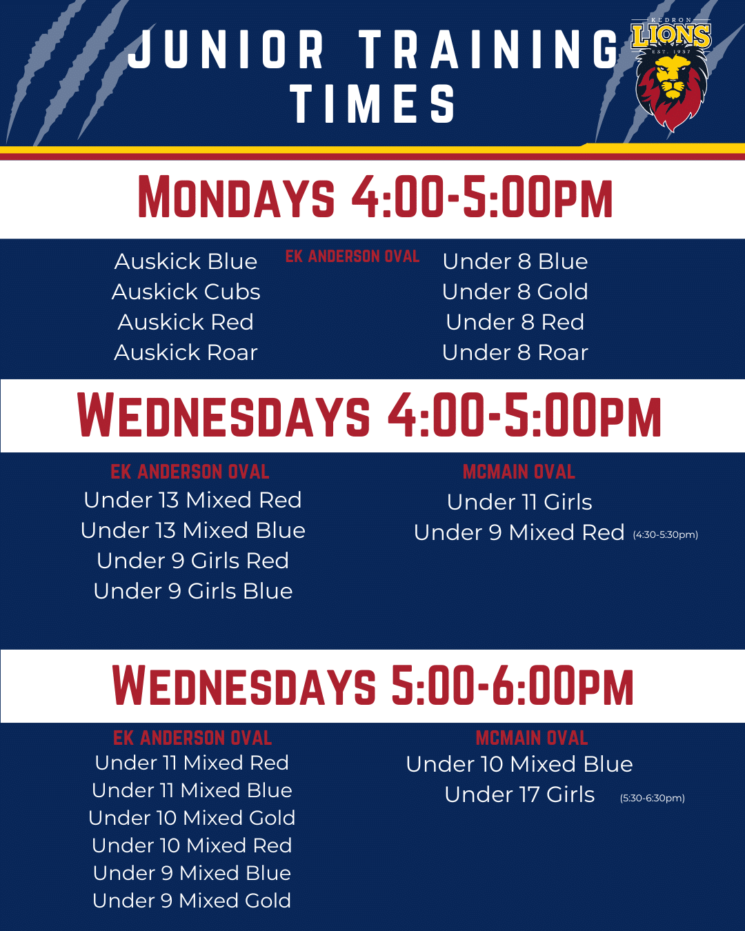Training Times - Kedron Lions Juniors