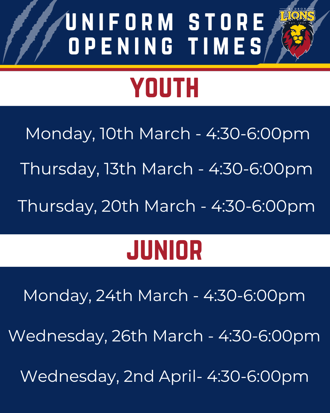 Uniform Store Opening Times - Kedron Lions Juniors